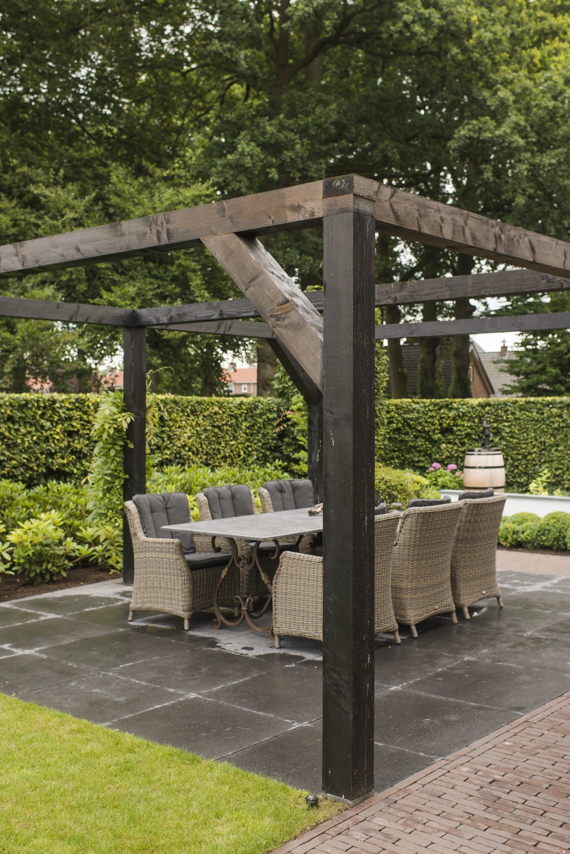 Garden design, landscaping with wooden pergola
