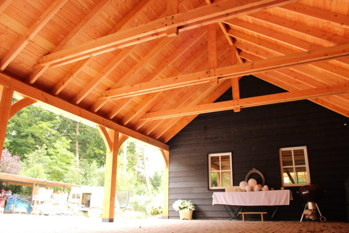 Large wooden shed with canopy, carport, workshop and attic