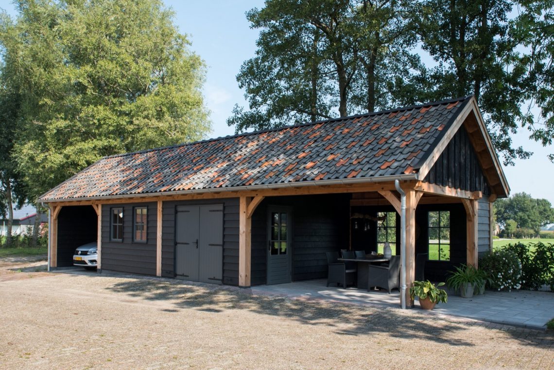 Wooden shed with canopy, carport, workshop and attic