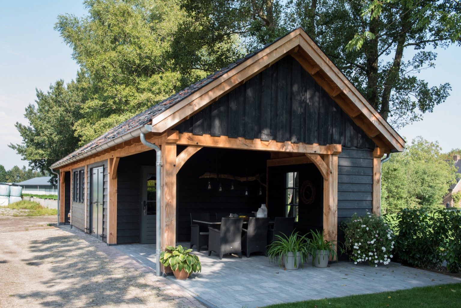 Wooden shed with canopy, carport, workshop and attic
