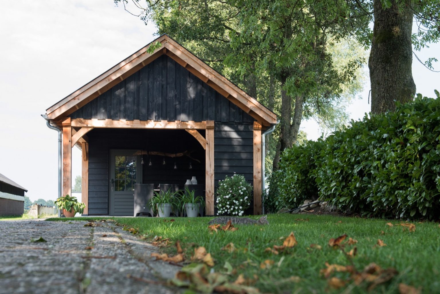 Wooden shed with canopy, carport, workshop and attic