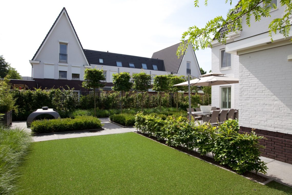 Modern backyard with artificial grass