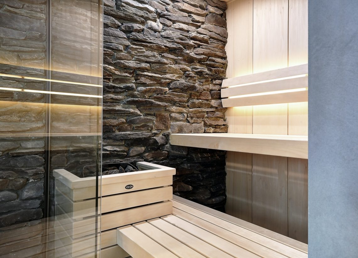 Sauna with stone trips