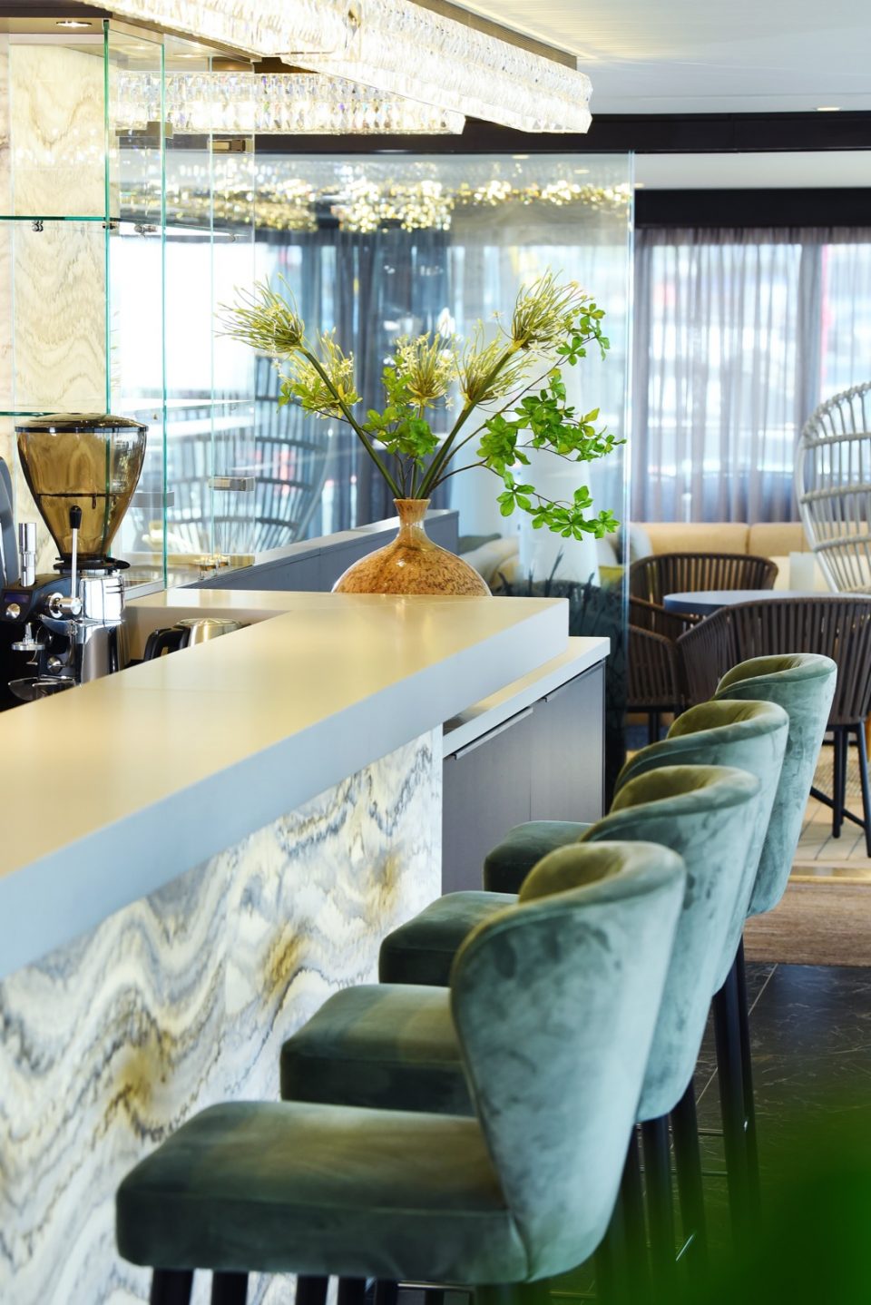Cruise ship interior design with marble, ceramic and composite