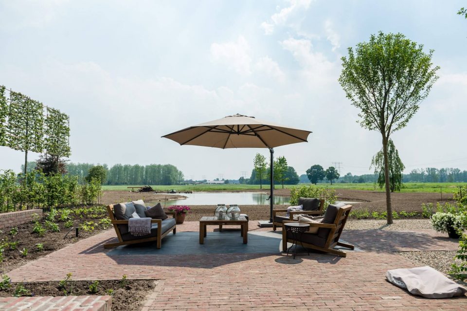 Farm garden with natural pond