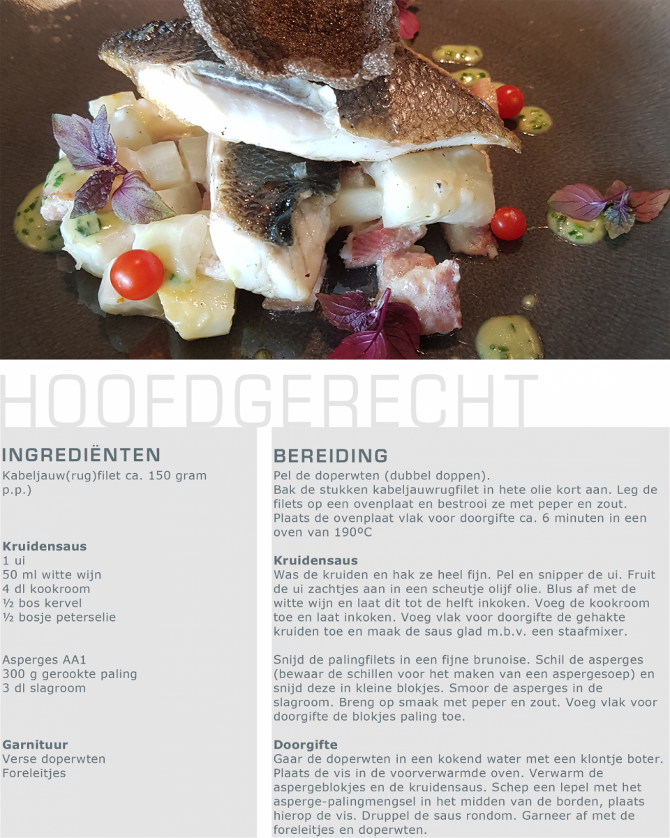 Gebakken kabeljauwloin op een bedje van asperges en gerookte paling ...