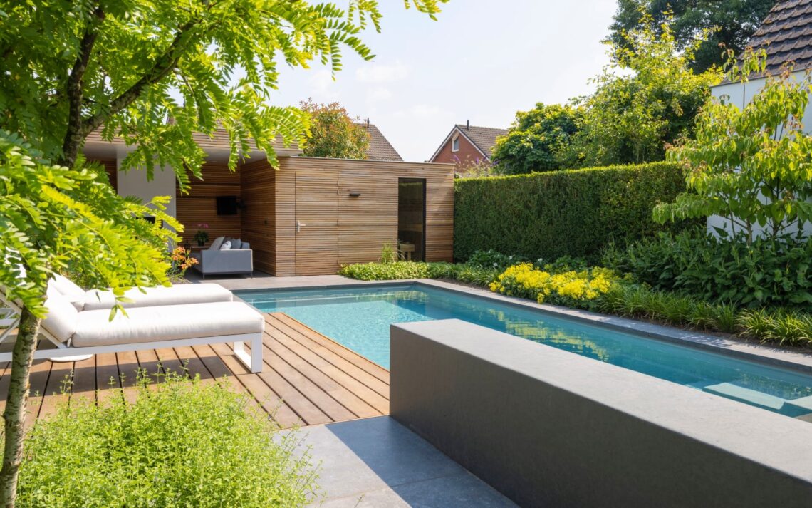 Modern garden with swimming pool pool house and sauna