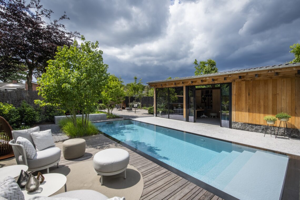Display garden with luxury infinity pool and oak outbuilding