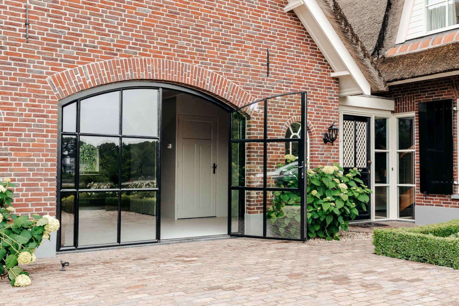 Exterior steel door in a residential farmhouse