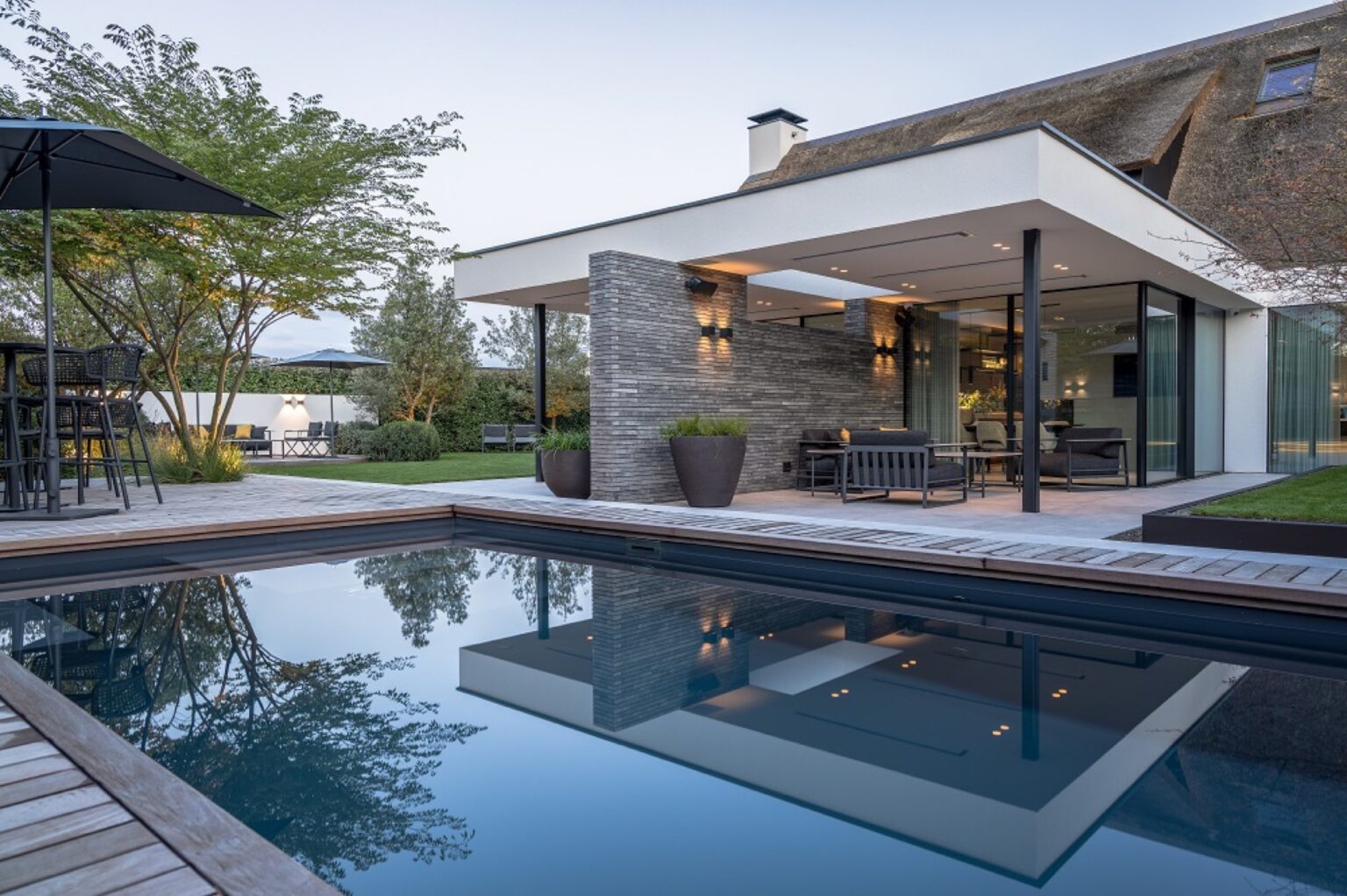 Terrace in luxurious wellness garden